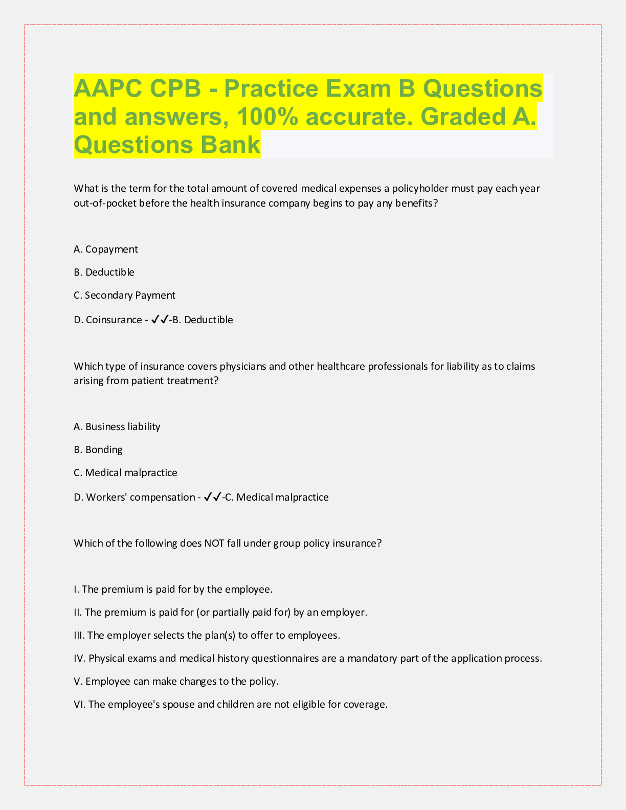 AAPC CPB - Practice Exam B Questions and answers, 100% accurate. Graded A. Questions Bank ...